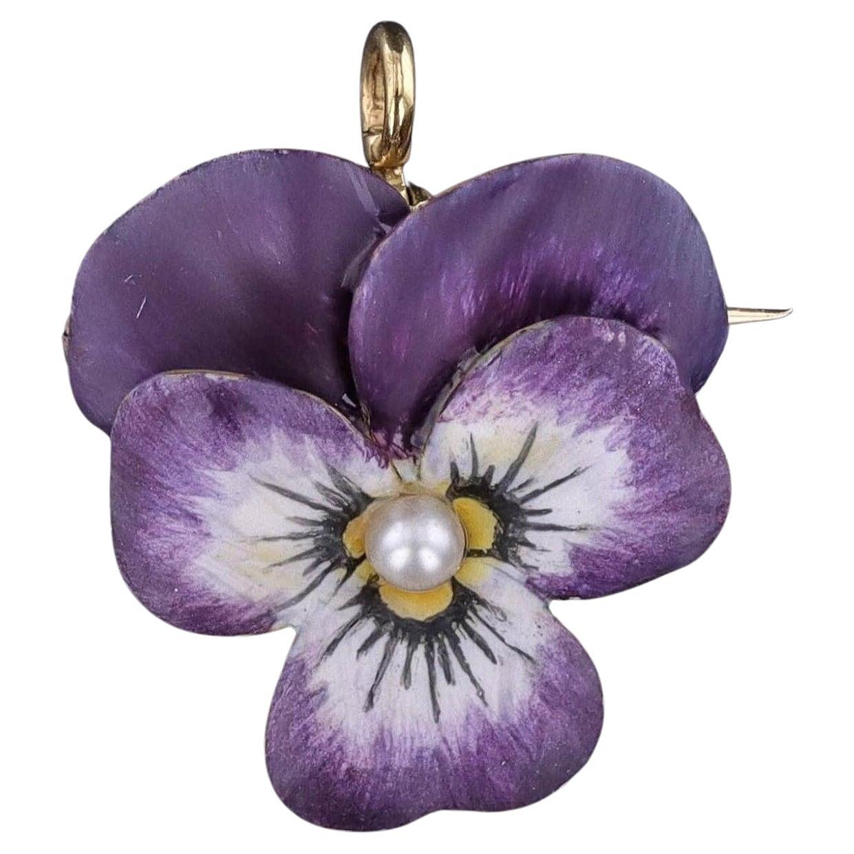 Antique Larter and Sons 14k Yellow Gold Enamel Diamond Pansy Brooch For Sale at 1stDibs