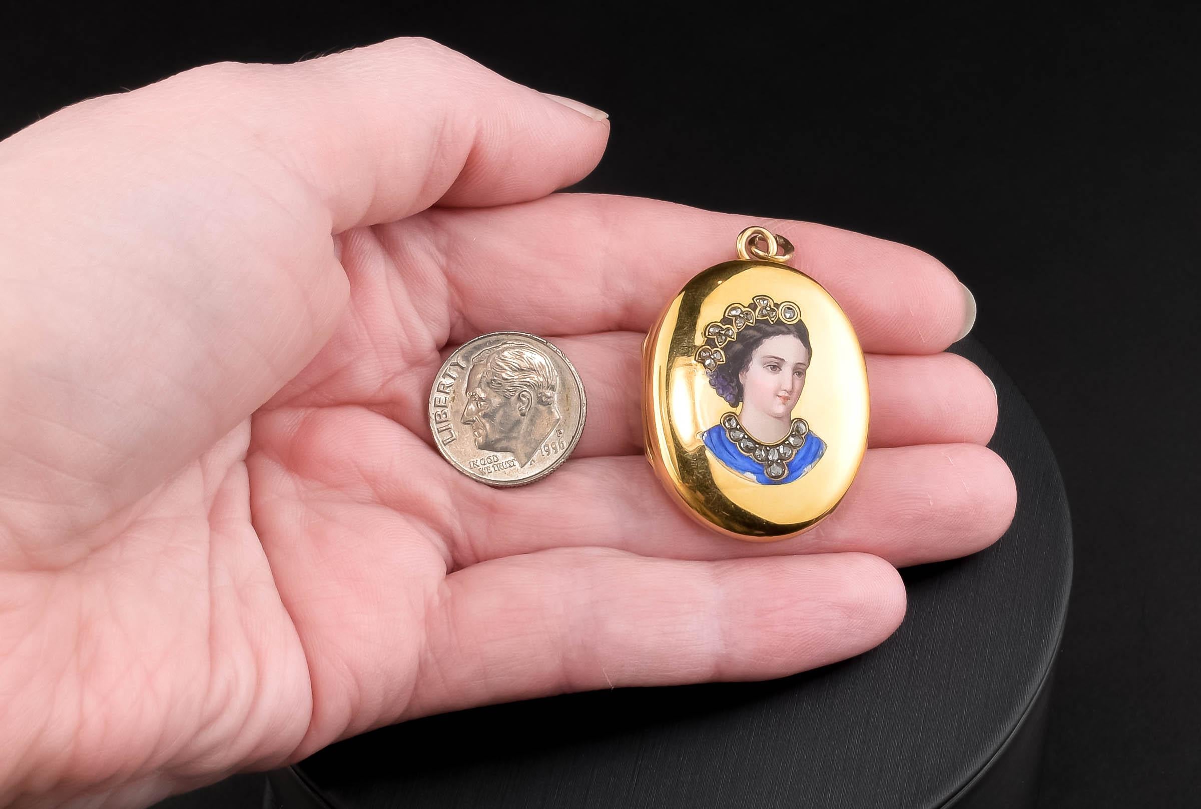 Antique Enamel Portrait Diamond Locket with Rose Cut Diamonds For Sale ...