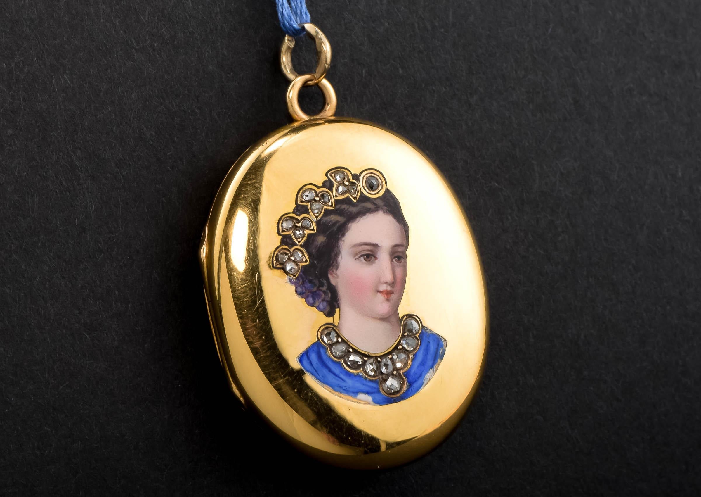 Antique Enamel Portrait Diamond Locket with Rose Cut Diamonds For Sale ...