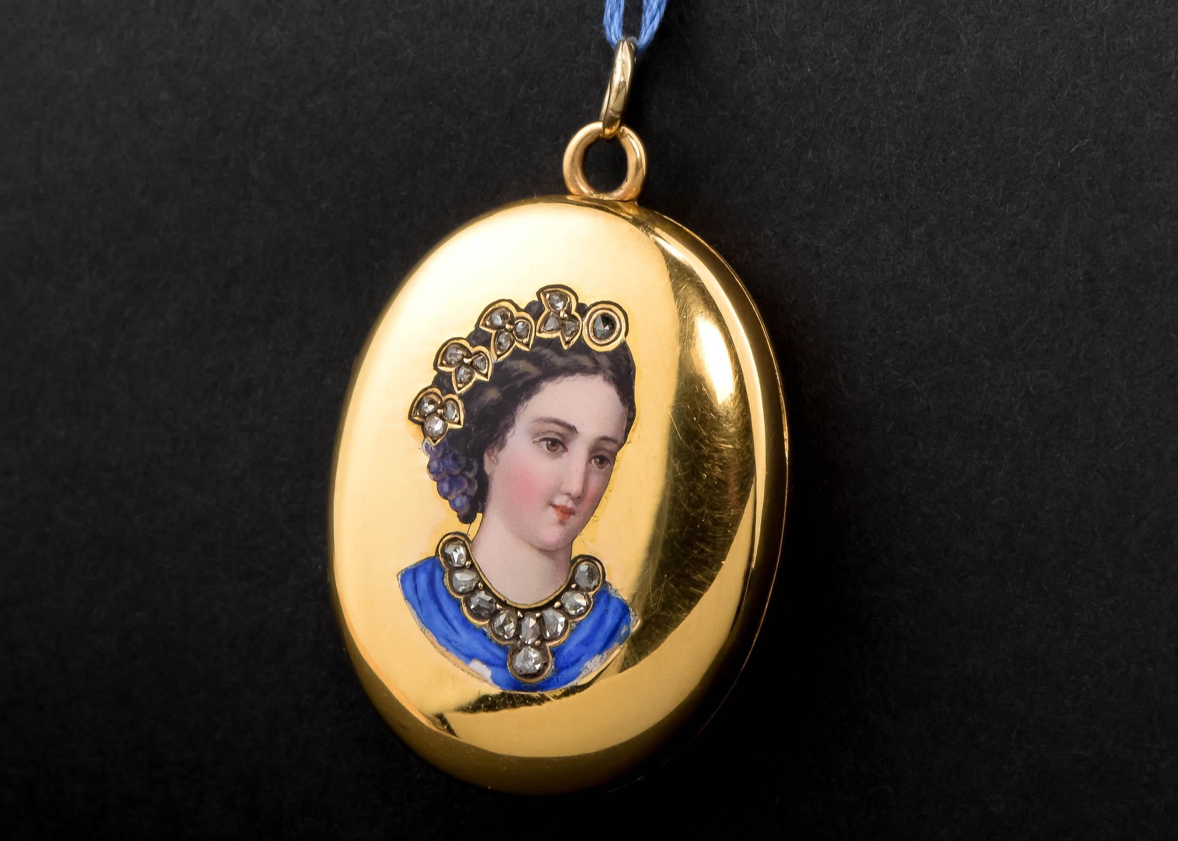 Antique Enamel Portrait Diamond Locket with Rose Cut Diamonds For Sale ...