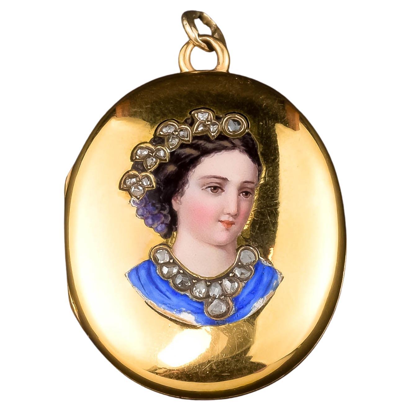 Antique Enamel Portrait Diamond Locket with Rose Cut Diamonds For Sale ...