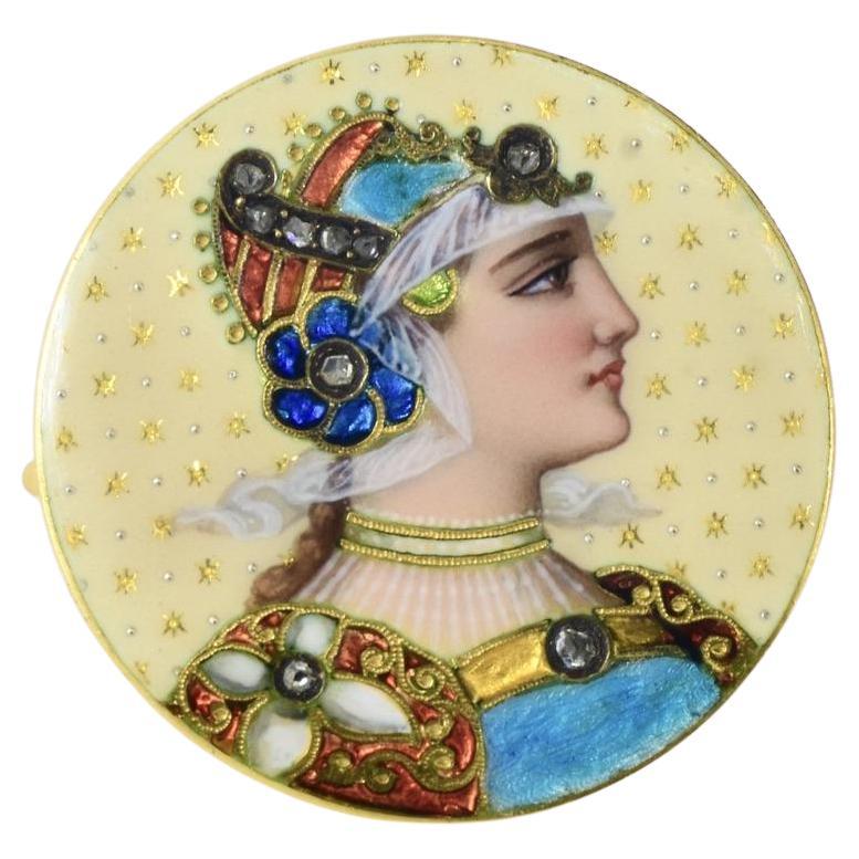 Antique Enamel, Rose Cut Diamond 18K Brooch Renaissance Revival, c ...