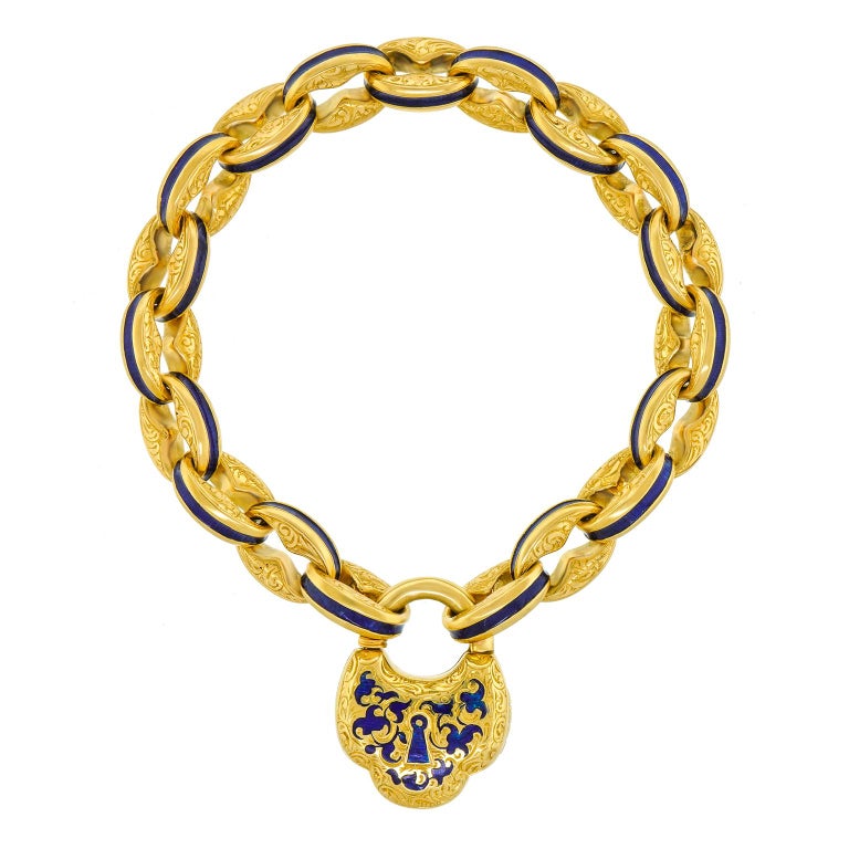 Antique Enameled Lock-Locket Gold Bracelet, circa 1870s For Sale at 1stDibs