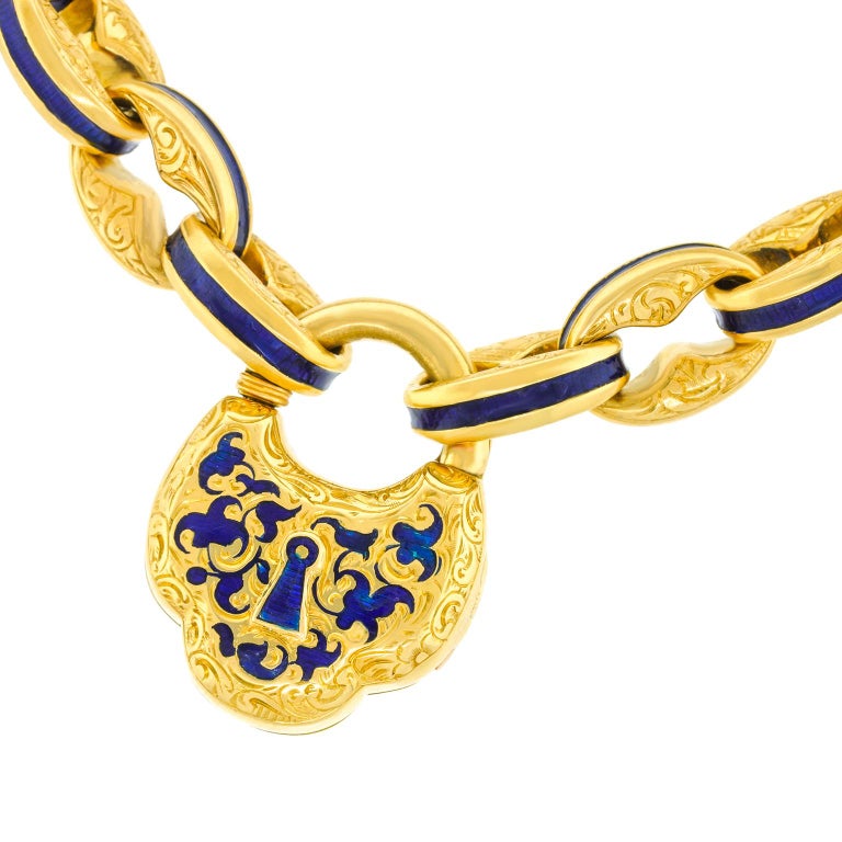 Antique Enameled Lock-Locket Gold Bracelet, circa 1870s For Sale at 1stDibs