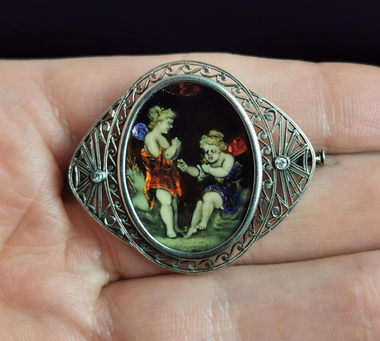 Antique Enamelled Fairies Brooch, 18k Gold Filigree and Diamond, Art ...