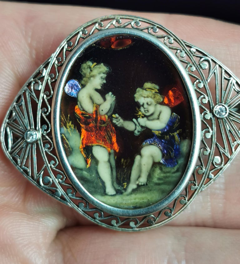 Antique Enamelled Fairies Brooch, 18k Gold Filigree and Diamond, Art ...