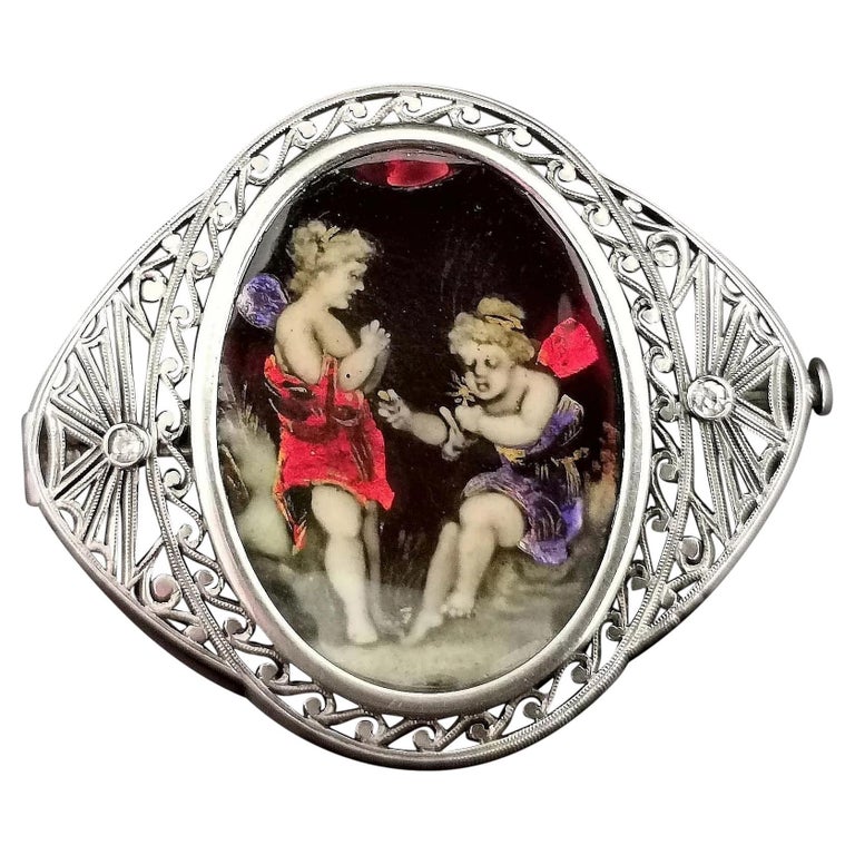 Antique Enamelled Fairies Brooch, 18k Gold Filigree and Diamond, Art ...