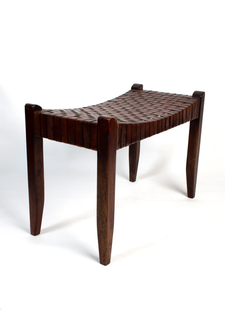 Antique English Arts and Crafts Leather Woven Strap Long Stool Bench ...