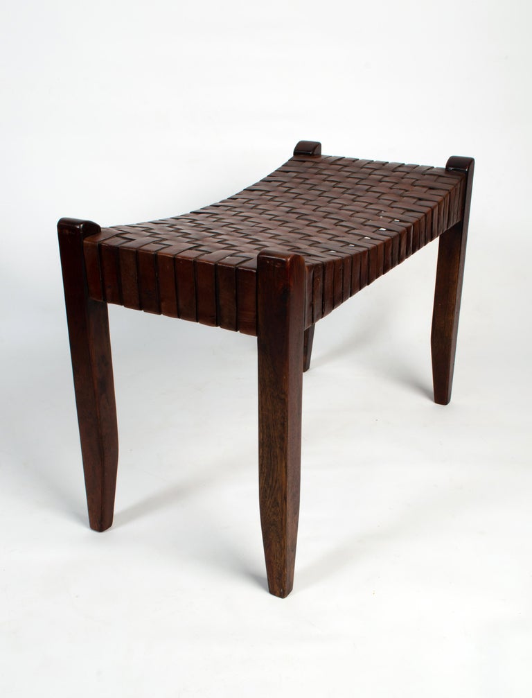 Antique English Arts and Crafts Leather Woven Strap Long Stool Bench ...