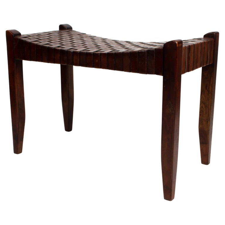 Antique English Arts and Crafts Leather Woven Strap Long Stool Bench ...