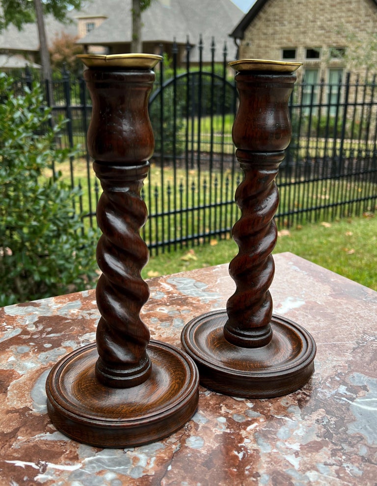 Antique English Barley Twist Candlesticks Candle Holders Oak Pair Tall ...