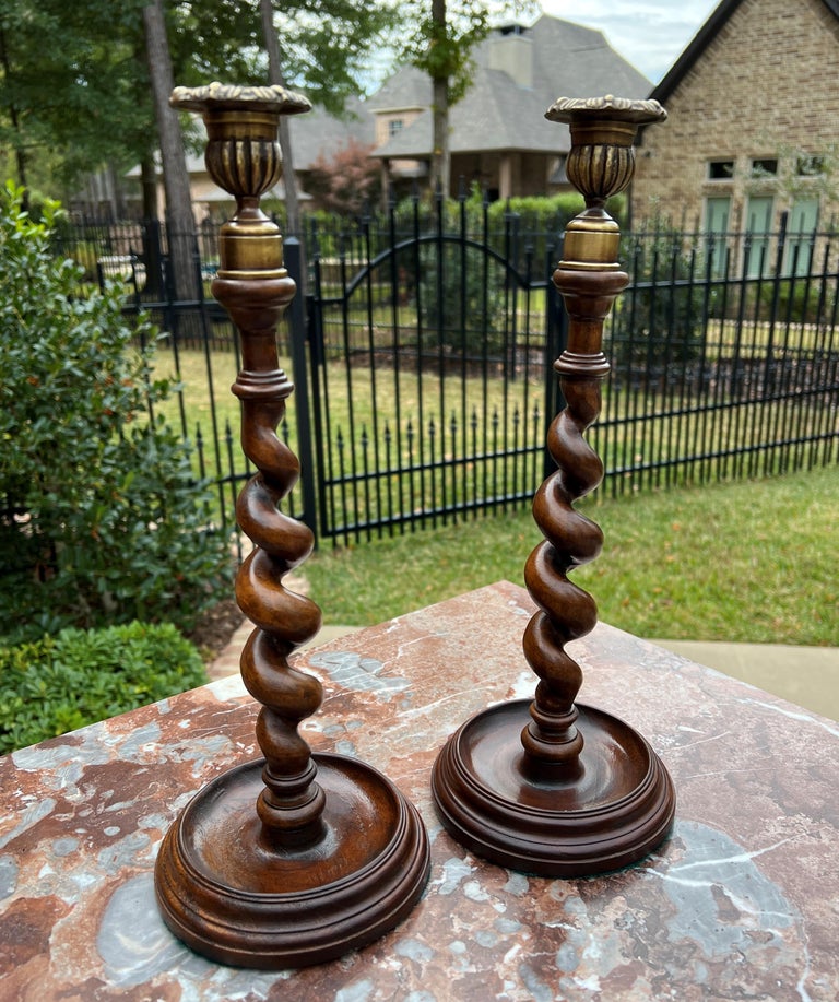 Antique English Barley Twist Candlesticks Candle Holders Oak PAIR 14 ...
