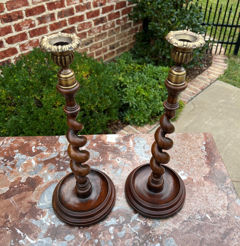 Antique English Barley Twist Candlesticks Candle Holders Oak PAIR 14 ...