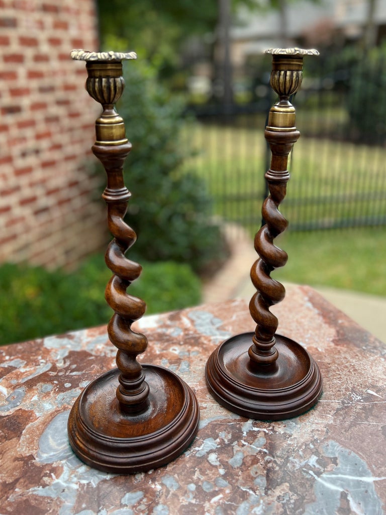 Antique English Barley Twist Candlesticks Candle Holders Oak PAIR 14 ...