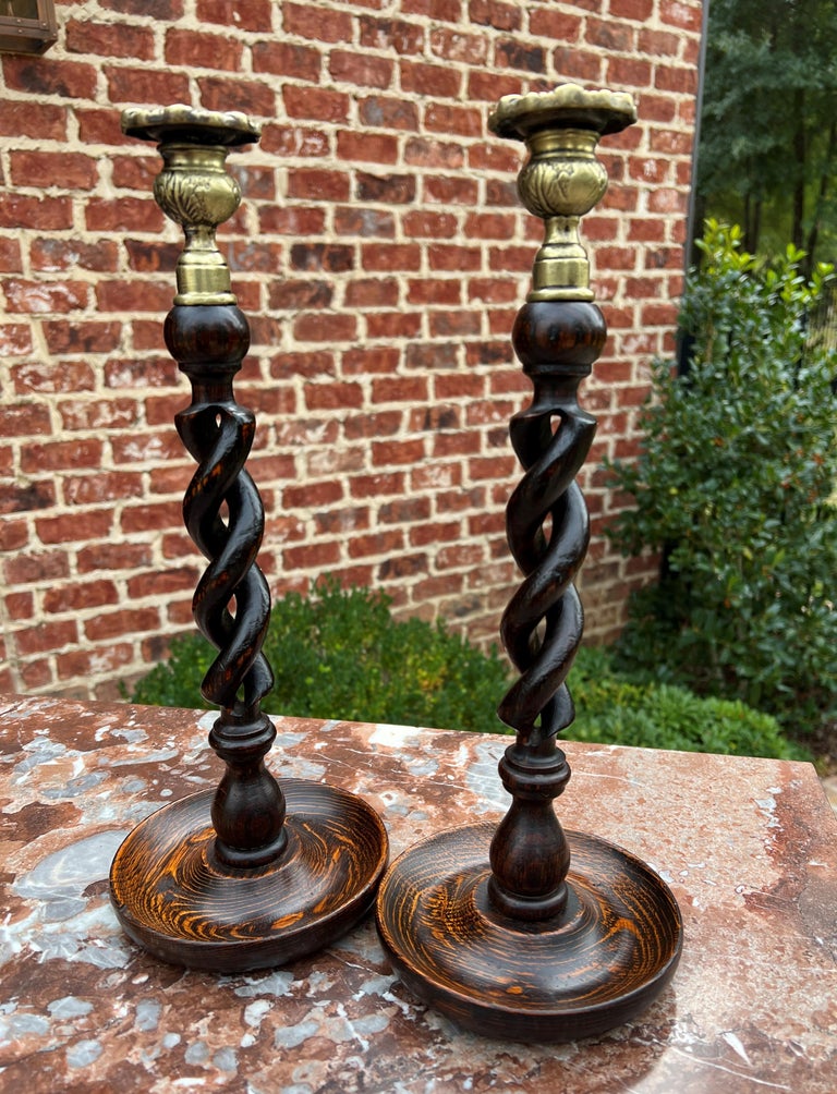 Antique English Barley Twist Open Candlesticks Candle Holders Oak Pair ...
