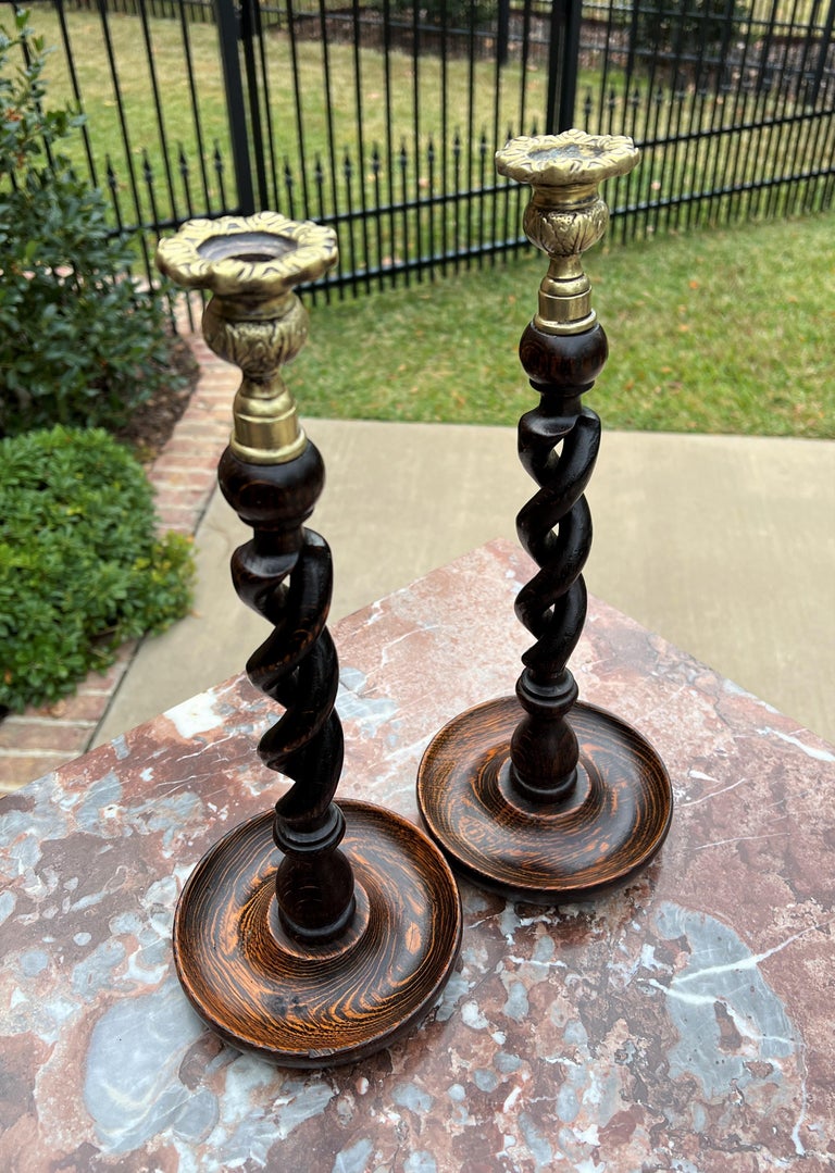 Antique English Barley Twist Open Candlesticks Candle Holders Oak Pair ...