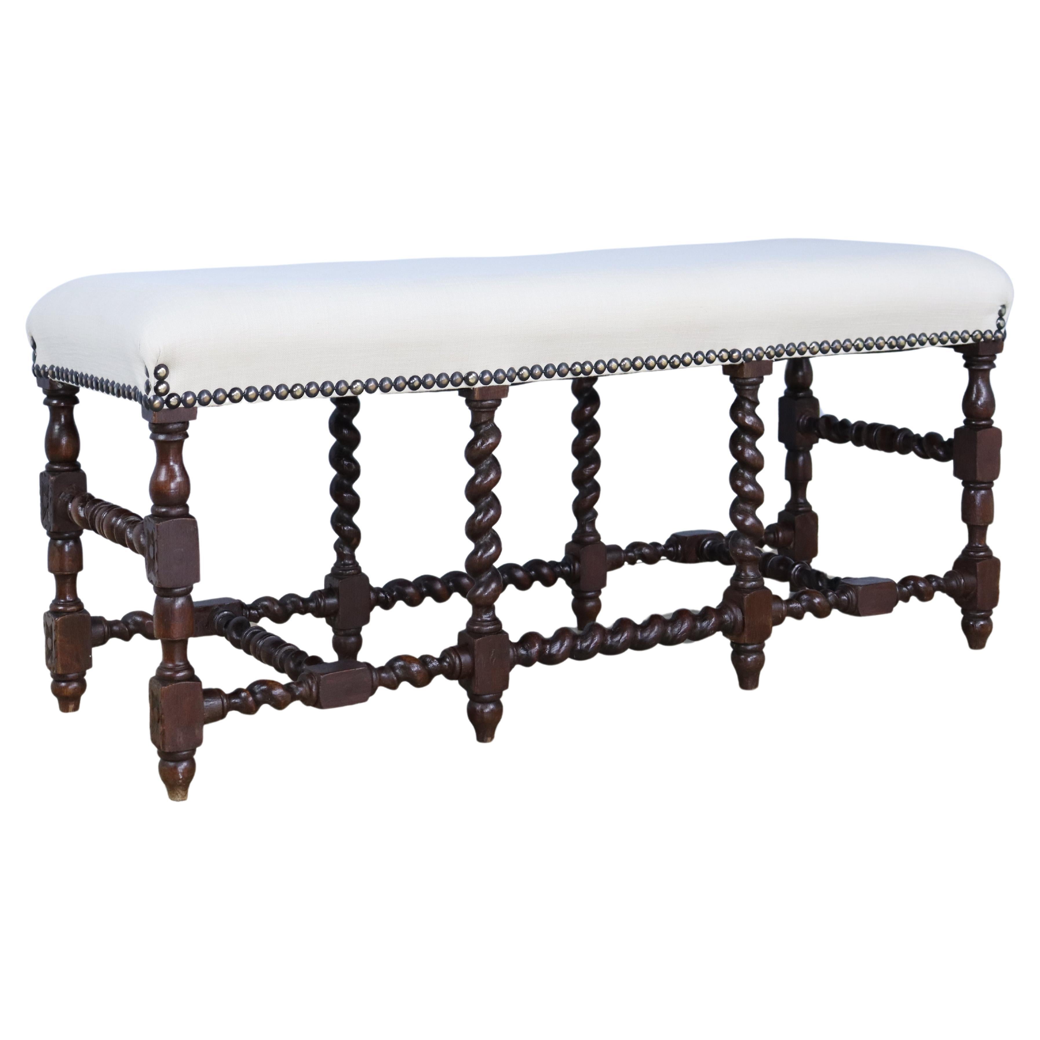 Elegant French Antique Carved Barley Twist Bench with Carved Feet For ...