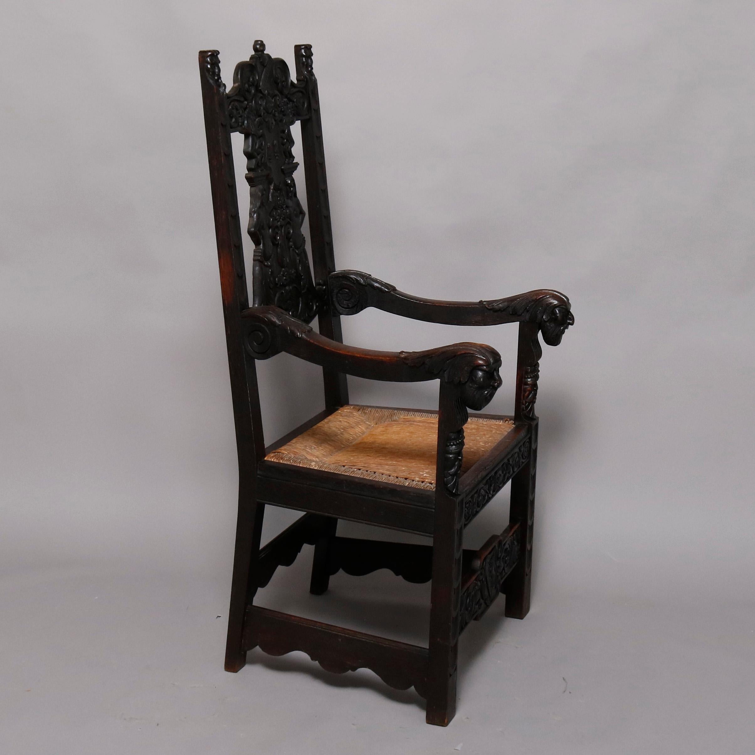 English Baroque Figural Carved Oak Rush Seat Throne Arm Chair, circa ...