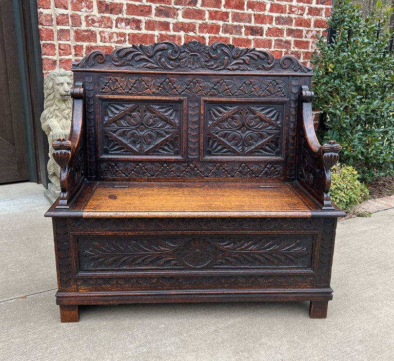 Antique English Bench Chair Settee Hall Bench Renaissance Revival Oak ...