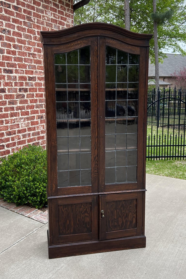 Antique English Bookcase Display Cabinet Leaded Glass Doors Bonnet Top ...
