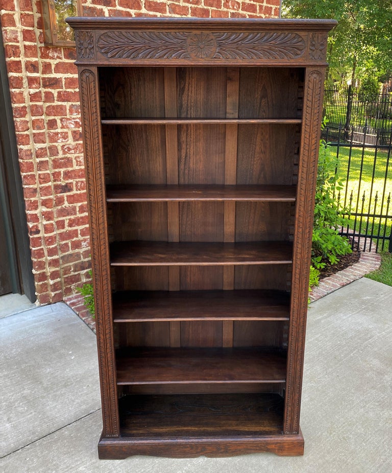 Antique English Bookcase Display Shelf Cabinet Carved Oak Tall Slim ...