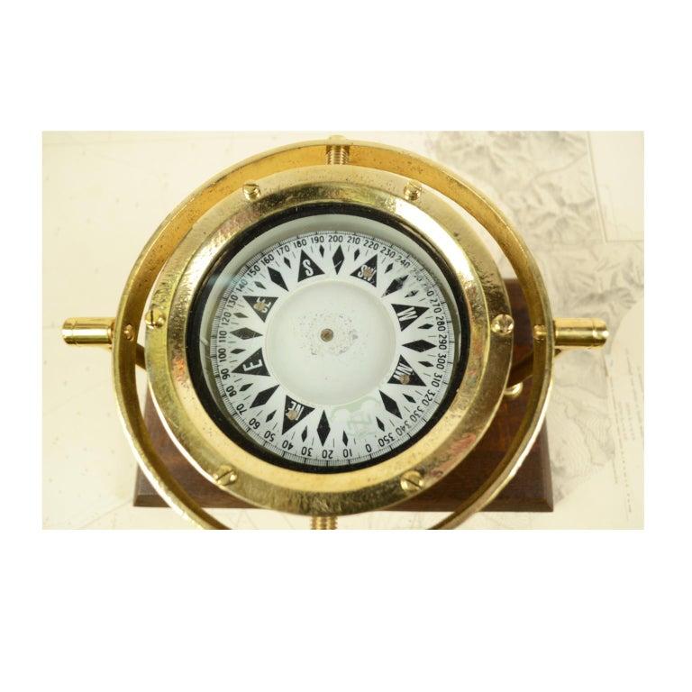 Antique English Brass Magnetic Nautical Compass Mounted on Wooden Board ...