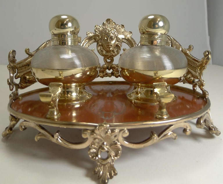 Antique English Bronze, Brass and Glass Inkstand / Inkwell, circa 1870 ...