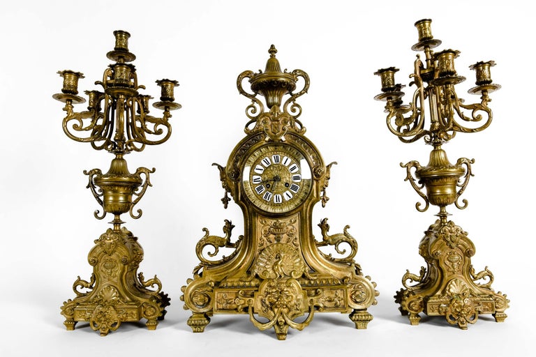 Antique English Bronze Three-Piece Clock Garniture Set For Sale at ...
