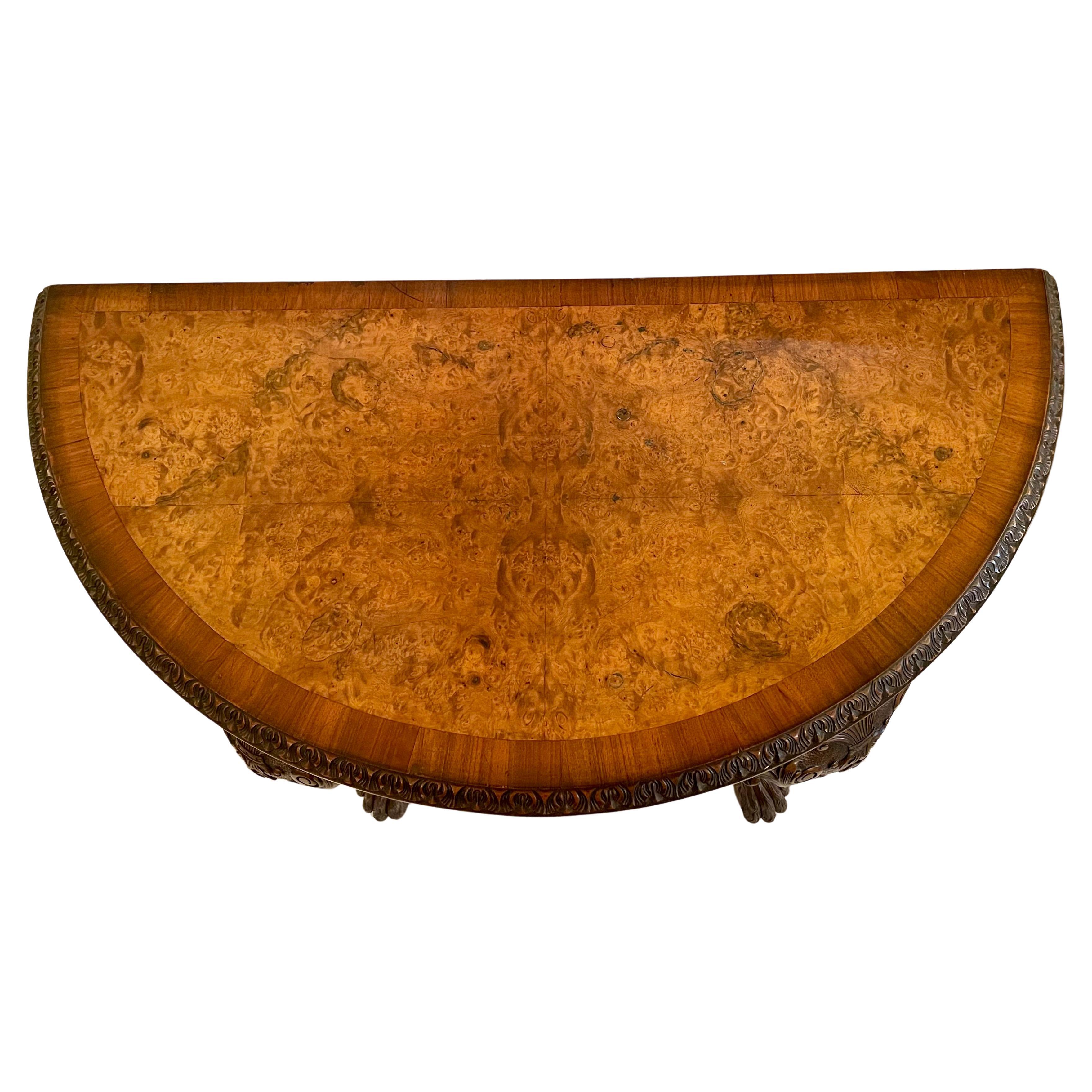 Antique English Burl Walnut Demi-Lune Console Table For Sale at 1stDibs