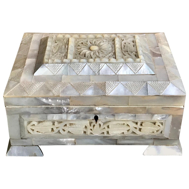 Antique English Carved Mother of Pearl Table Box with Key at 1stDibs