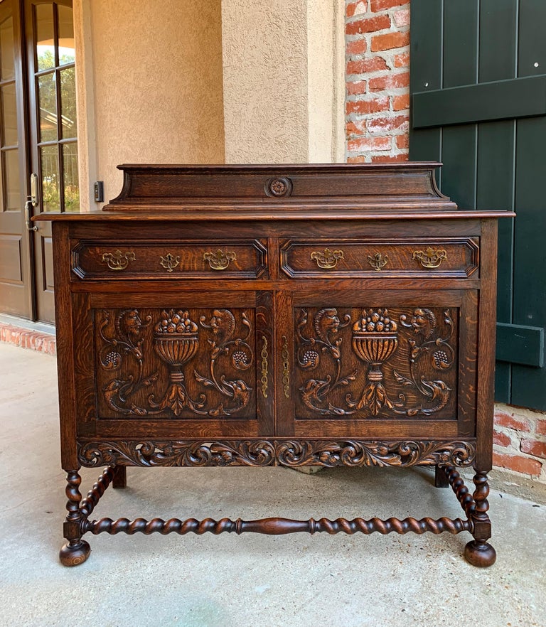 Antique English Carved Oak Barley Twist Sideboard Buffet Cabinet ...