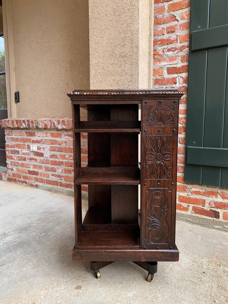 Antique English Carved Oak Revolving Rolling Bookcase Bookshelf Office ...