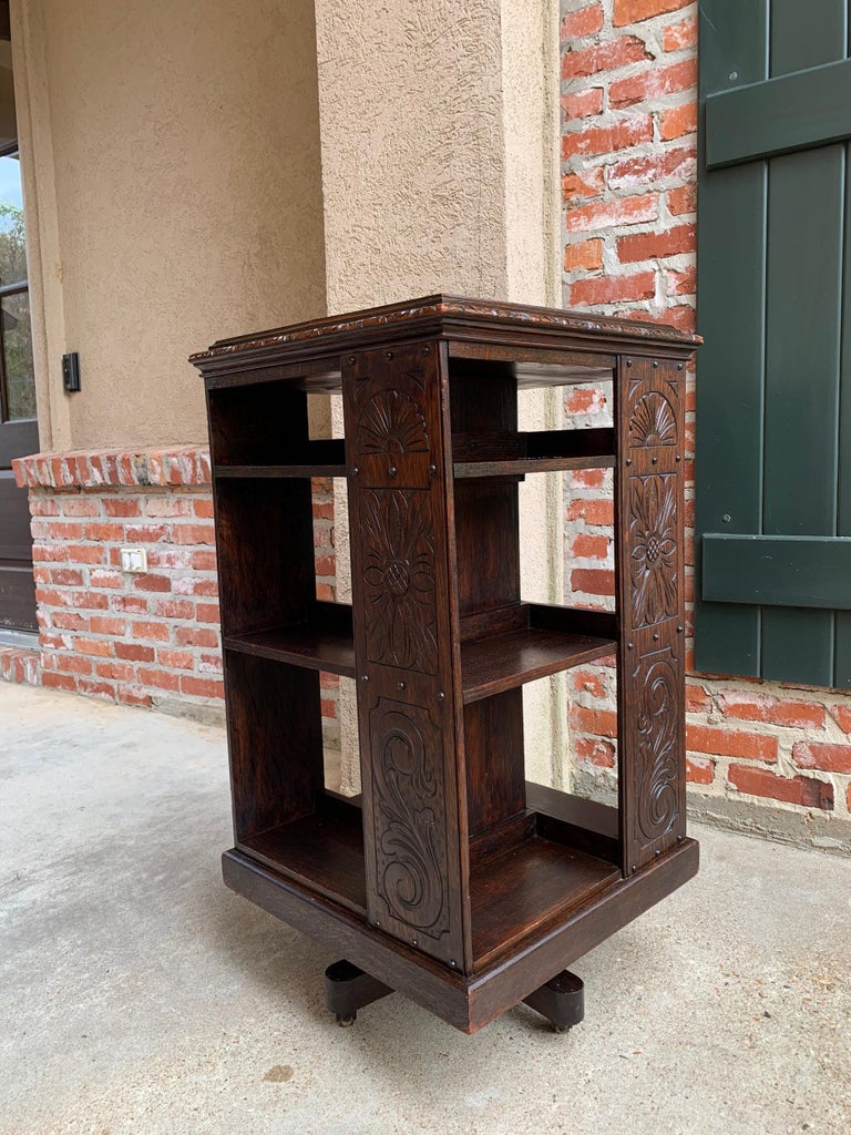 Antique English Carved Oak Revolving Rolling Bookcase Bookshelf Office ...