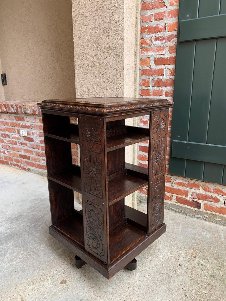 Antique English Carved Oak Revolving Rolling Bookcase Bookshelf Office ...
