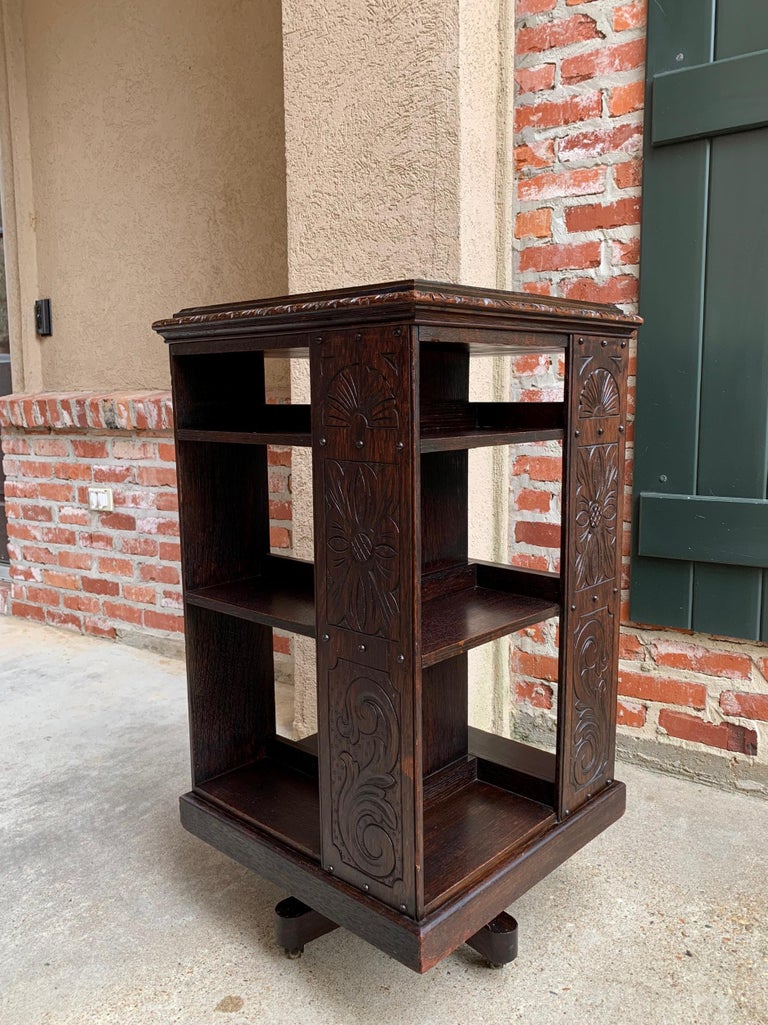 Antique English Carved Oak Revolving Rolling Bookcase Bookshelf Office ...
