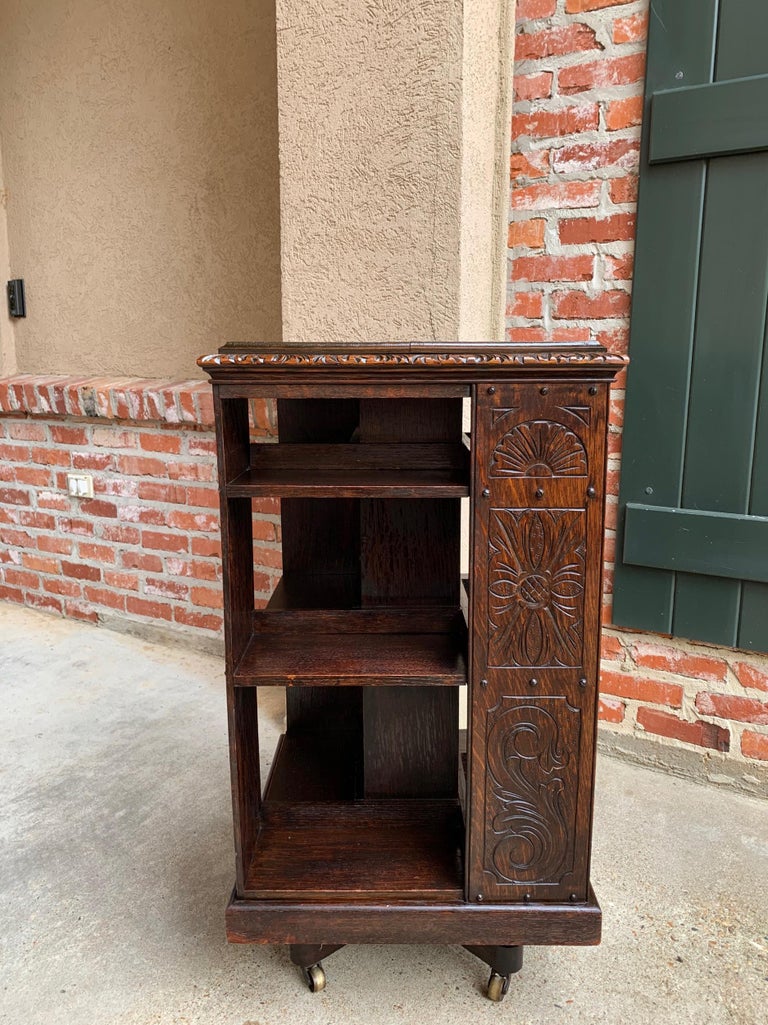 Antique English Carved Oak Revolving Rolling Bookcase Bookshelf Office ...