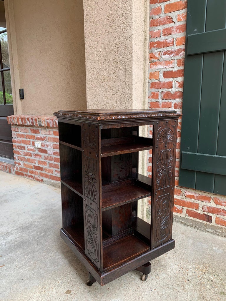 Antique English Carved Oak Revolving Rolling Bookcase Bookshelf Office ...