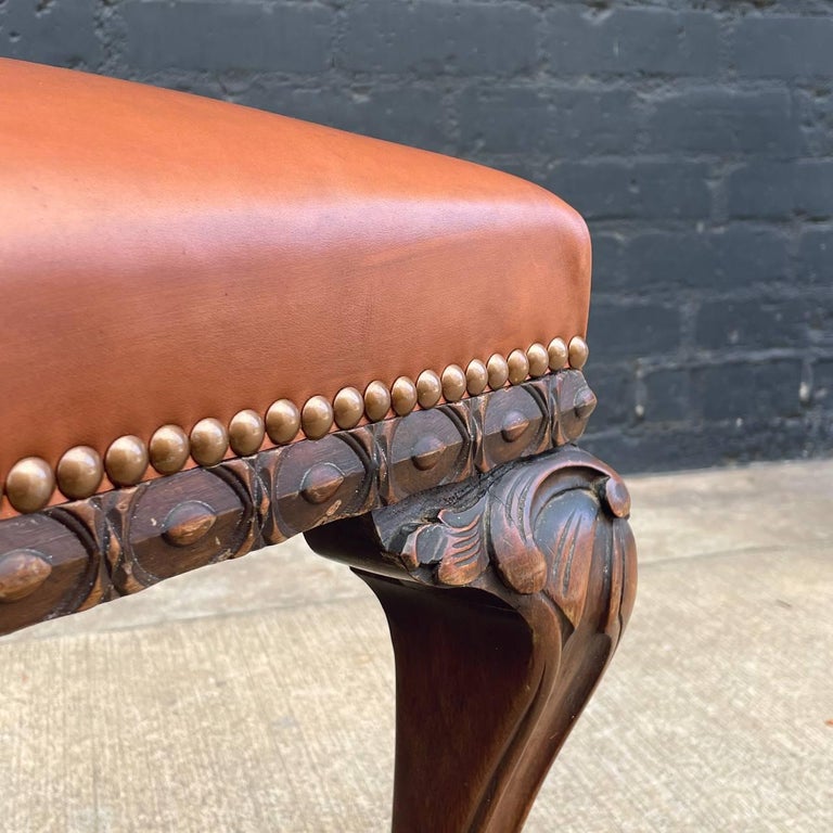 Antique English Chippendale Style Leather Bench with Carved Feet For ...