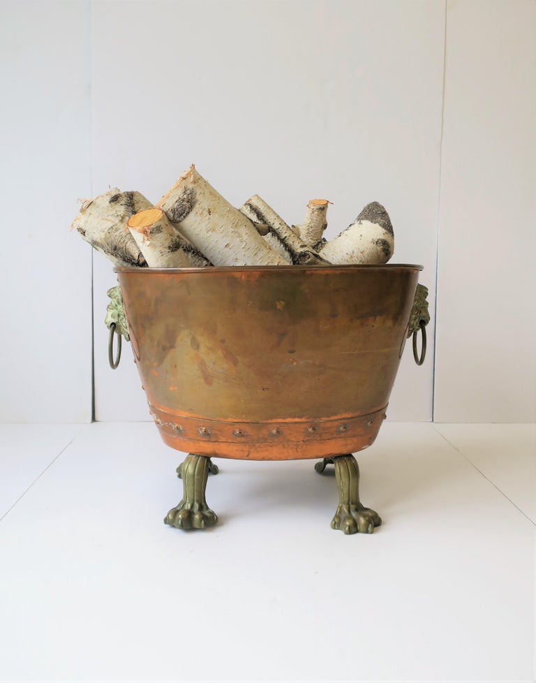 Antique English Copper and Bronze Firewood Log Holder with Lion Heads ...