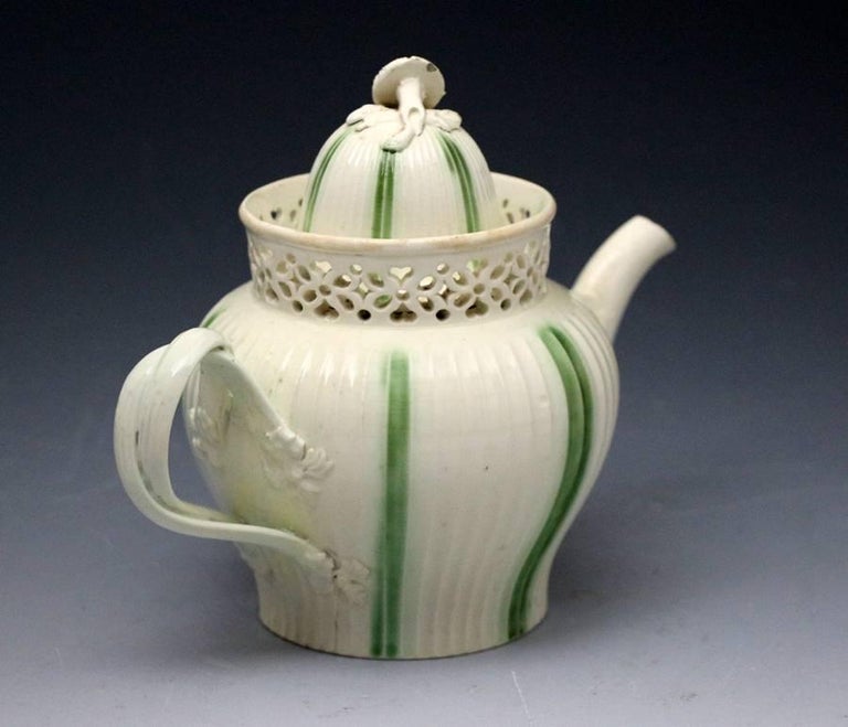 Antique English Creamware Pottery Teapot with Green Stripes, Late 18th ...