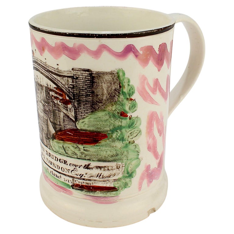 Antique English Creamware Sunderland Lustre Iron Bridge Mug with Frog ...