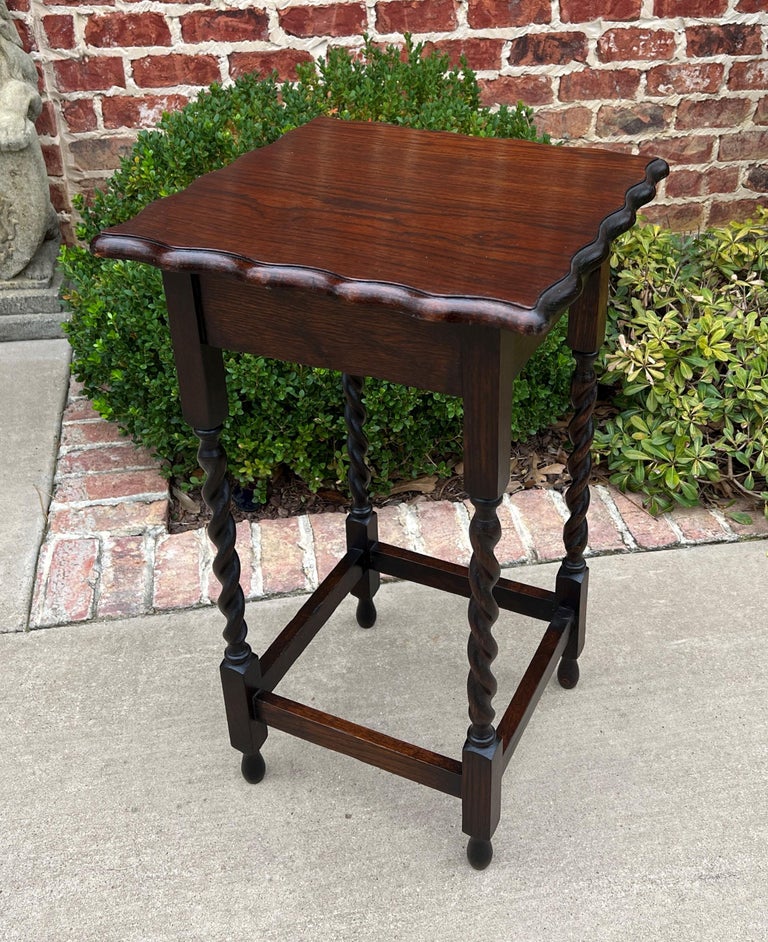 Antique English Dark Oak End Table Barley Twist Pie Crust Edge Square Side Table at 1stDibs