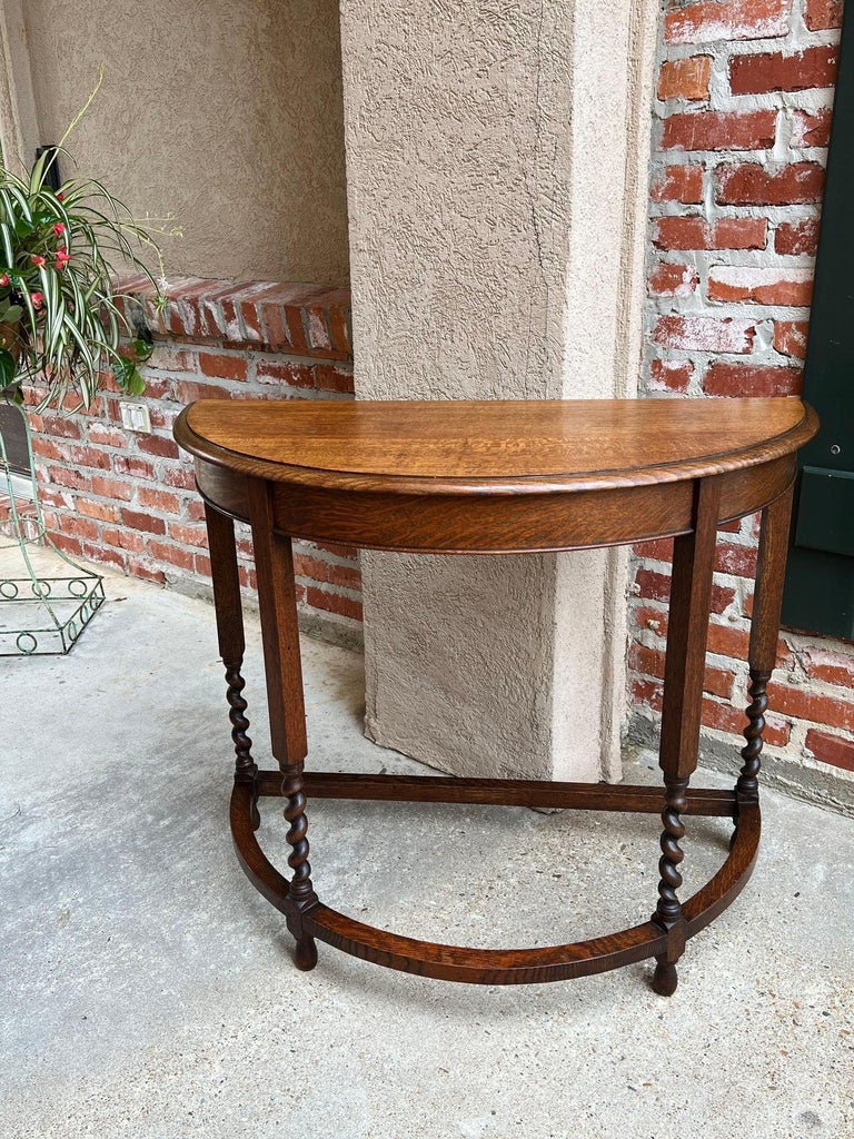 Antique English Demilune Console Hall Table British Barley Twist Oak ...