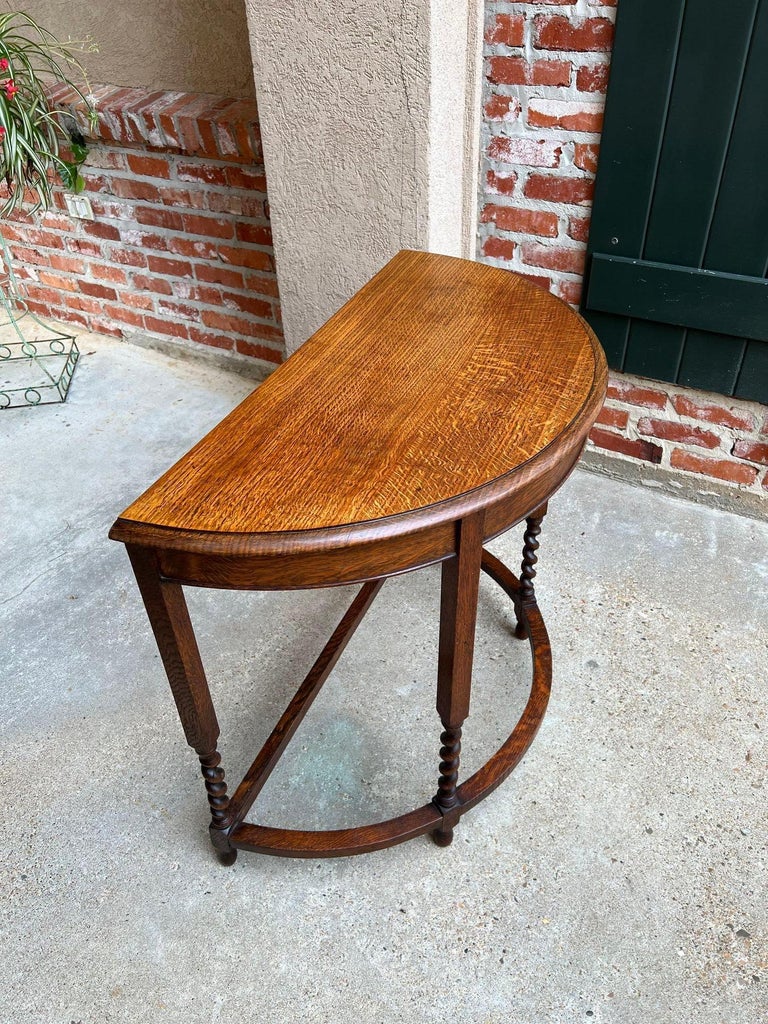Antique English Demilune Console Hall Table British Barley Twist Oak ...