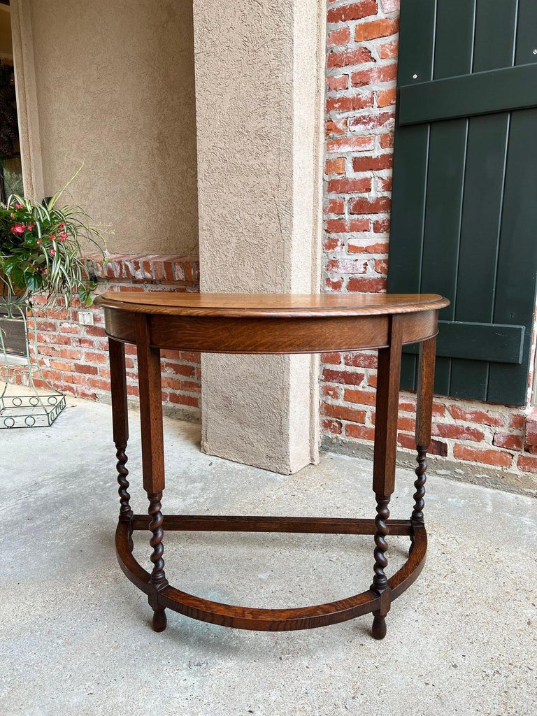 Antique English Demilune Console Hall Table British Barley Twist Oak ...