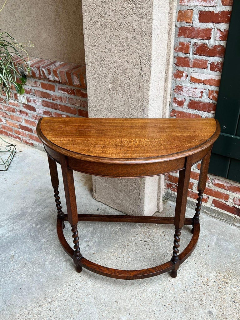 Antique English Demilune Console Hall Table British Barley Twist Oak ...