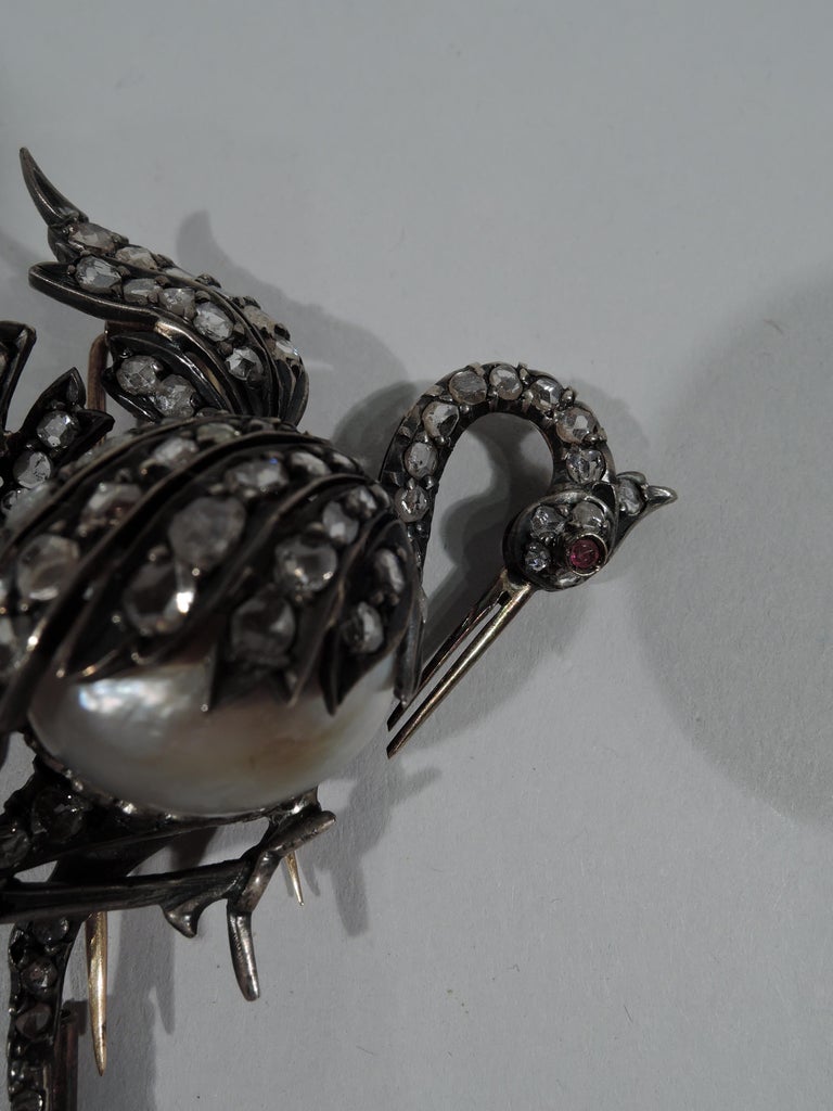 Antique English Diamond Stork Brooch with Natural Baroque Pearl at 1stDibs