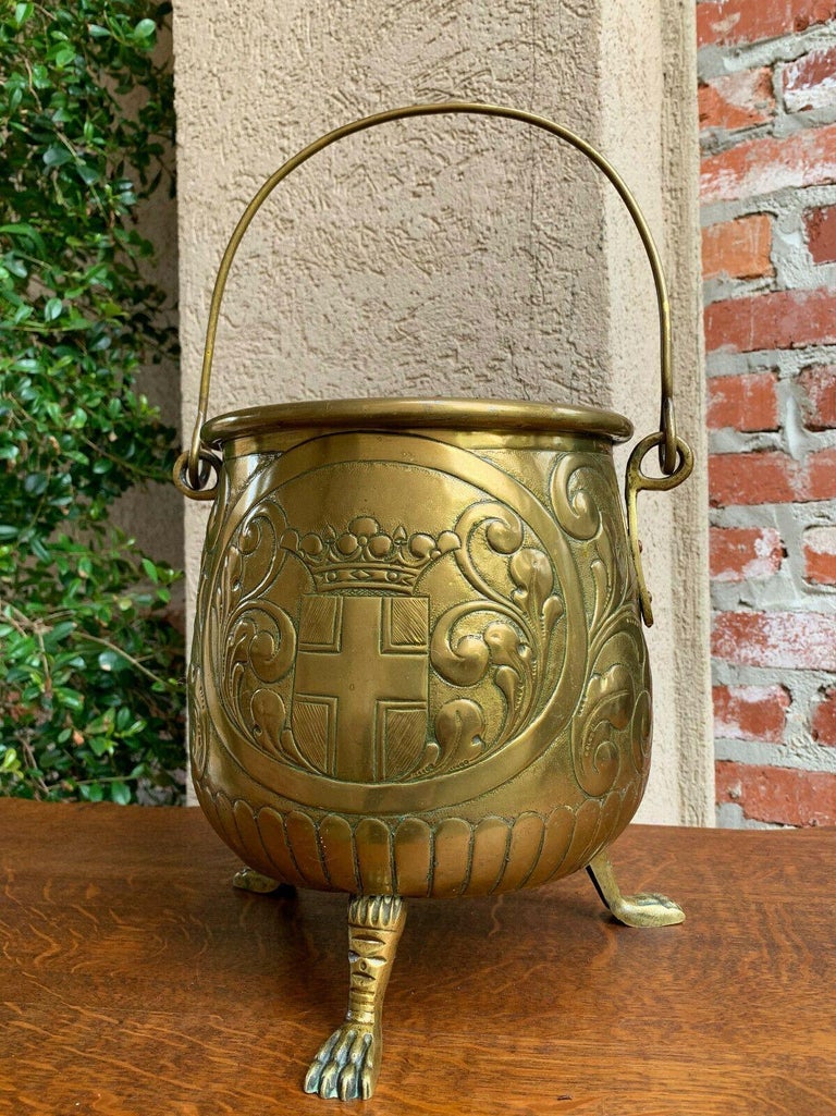 Antique English Embossed Repousse Brass Planter Cache Pot Windmill ...