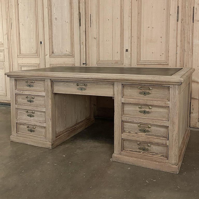 Antique English Executive Desk with Faux Leather in Stripped Pine For ...