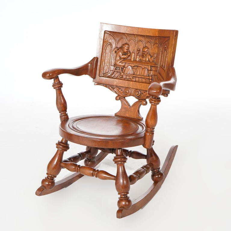 Antique English Figural Carved Oak Rocker with Pub Genre Scene, Circa ...